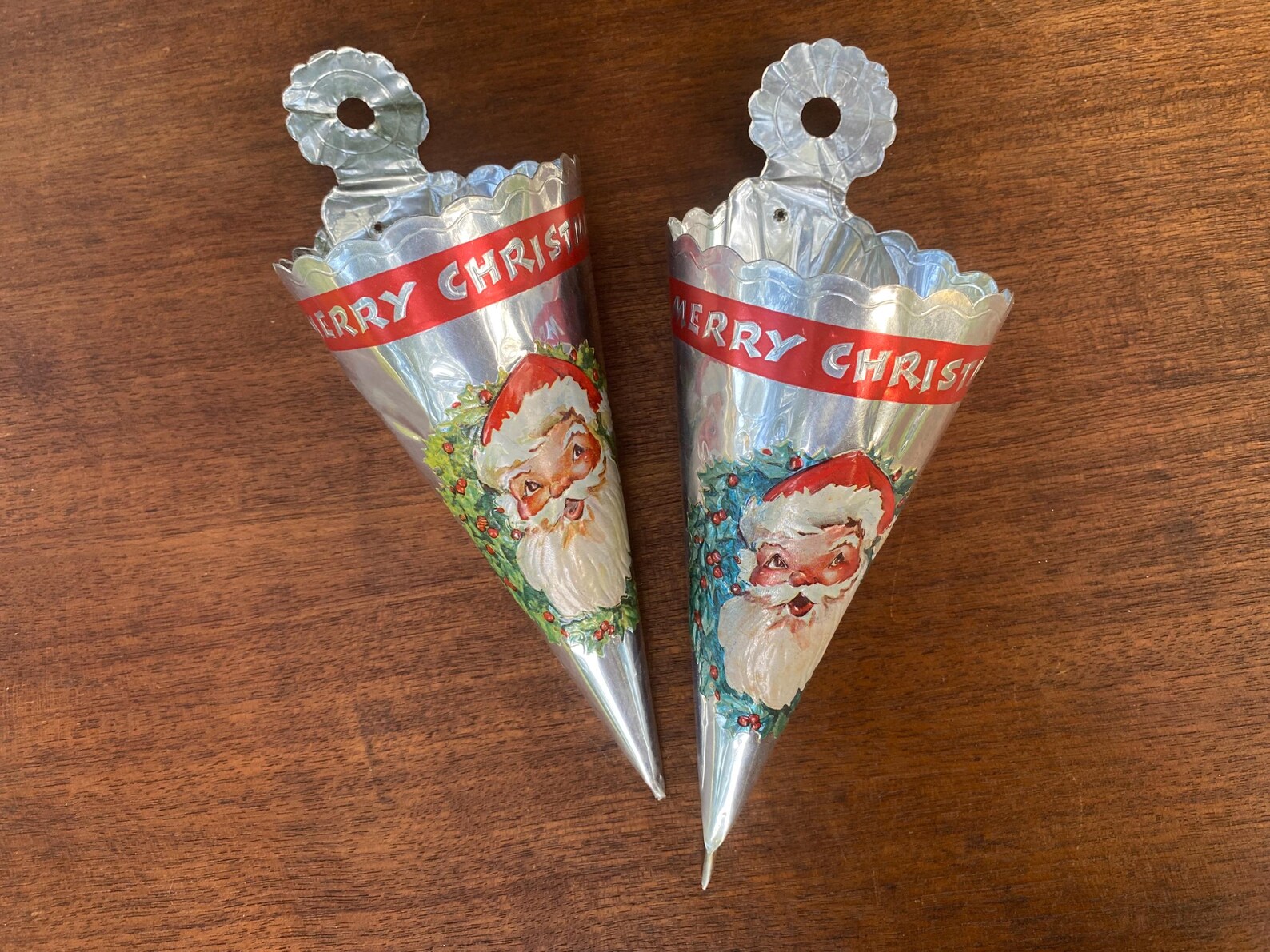 Vintage Merry Christmas Santa Silver Foil Tin Aluminum Cornucopia Cone ...