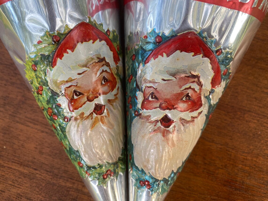 Vintage Merry Christmas Santa Silver Foil Tin Aluminum Cornucopia Cone ...