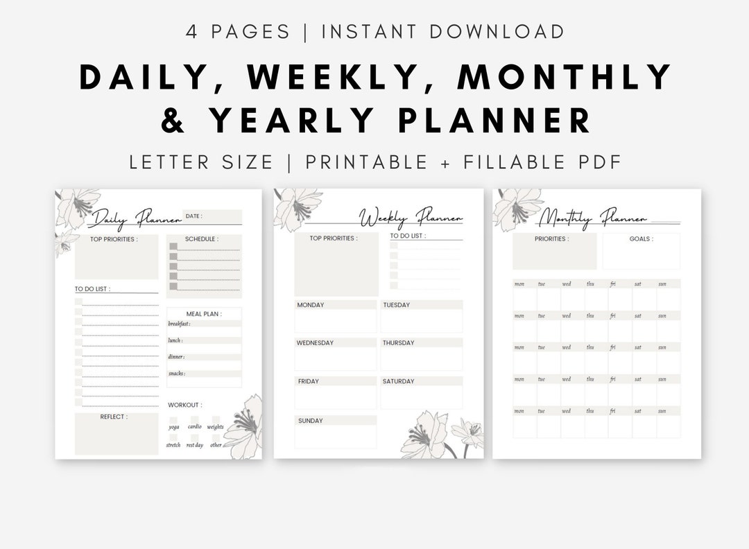 White Printable and Digital Planner, Daily, Weekly, Monthly, Yearly ...