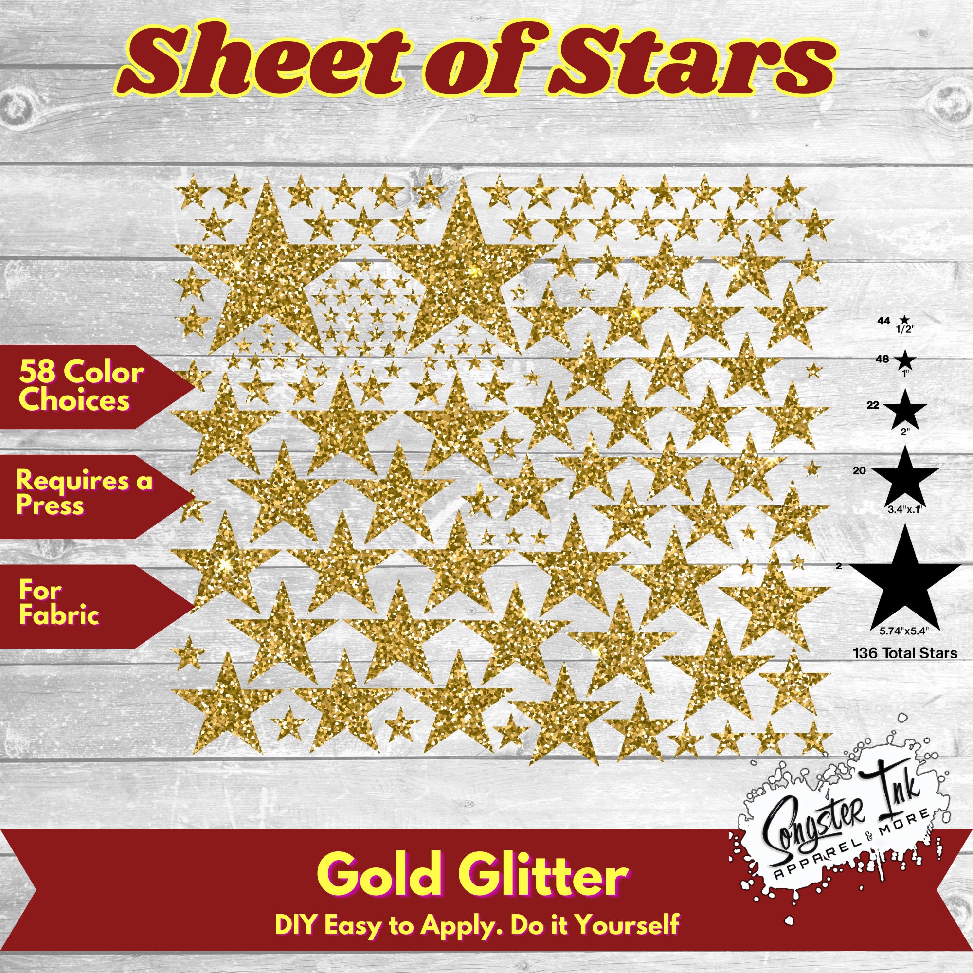 136 Glitter Solid Stars 5 Sizes Applique Glitter Htv. Heat Transfer ...