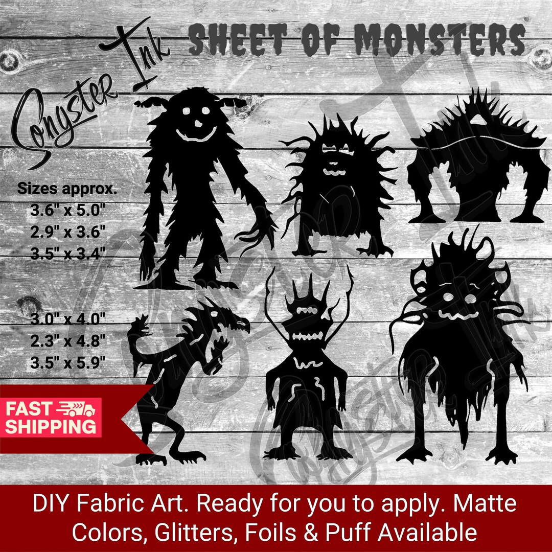 Sheet of Monsters Various Sizes DIY Glitter or Matte Colors Iron on ...