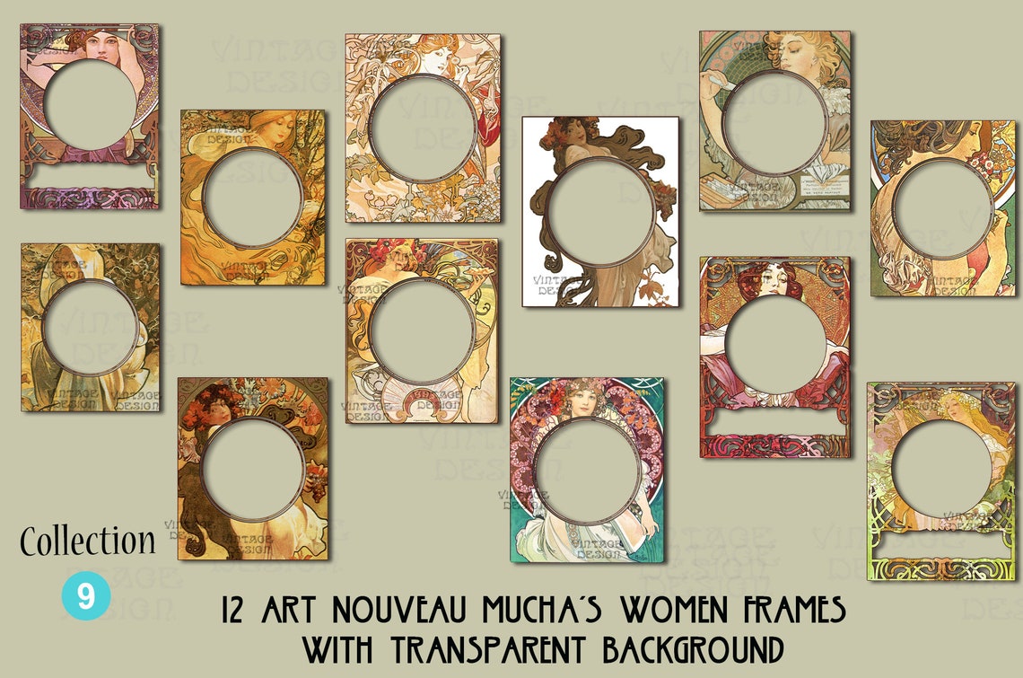 24 Art Nouveau Frames, Art Nouveau Mucha Women, Women's Frames Set, Borders, Bookpage, Junk ...