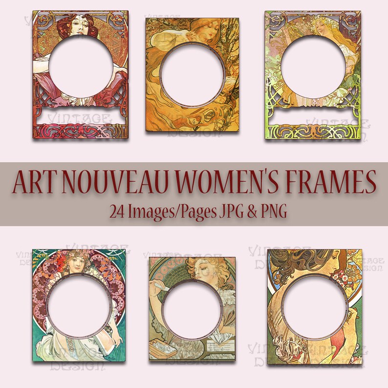 24 Art Nouveau Frames, Art Nouveau Mucha Women, Women's Frames Set ...