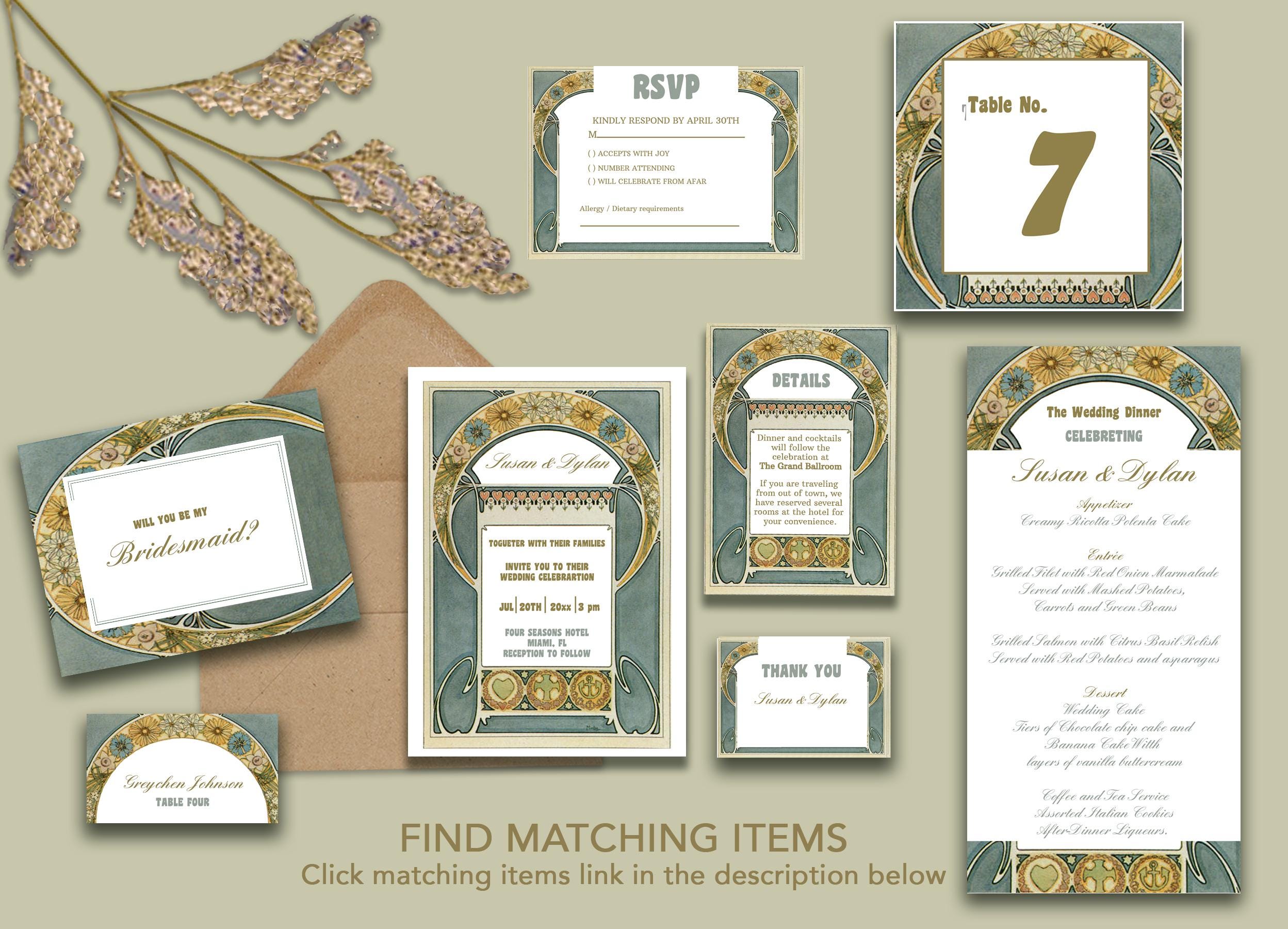 Menu Art Nouveau Template, Vintage Wedding Menu Template, Menu Template ...