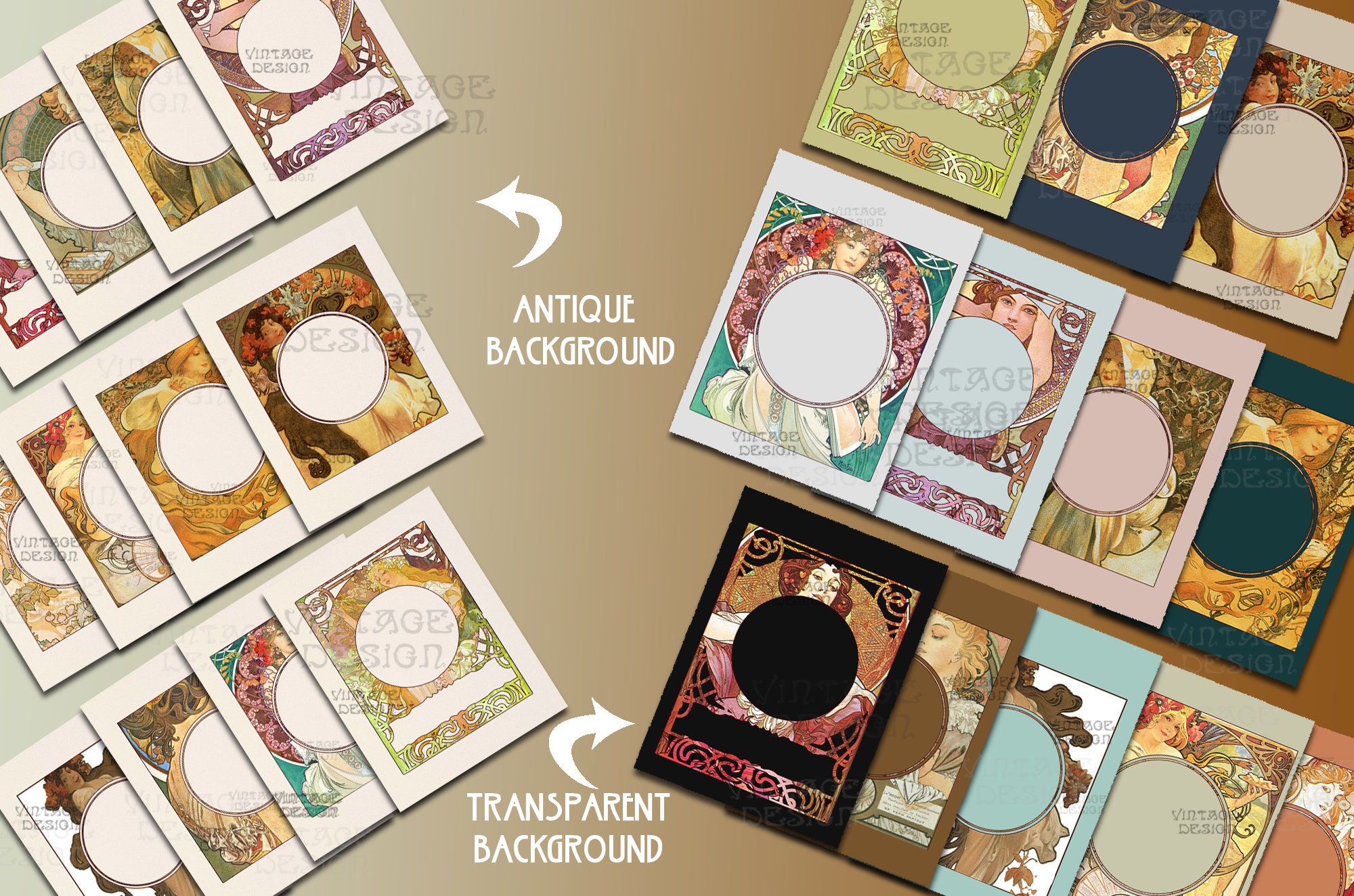 24 Art Nouveau Frames, Art Nouveau Mucha Women, Women's Frames Set ...