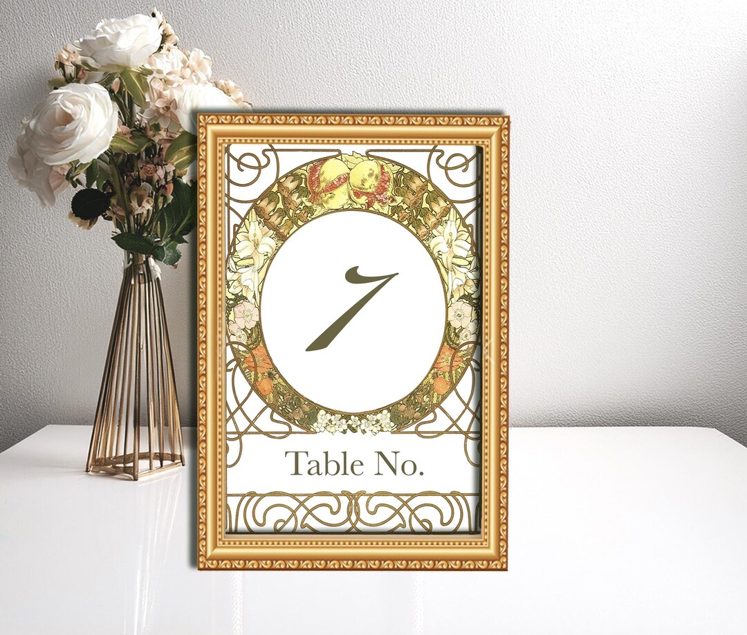 Art Nouveau Table Numbers, Printable Wedding Table Number Card Template ...