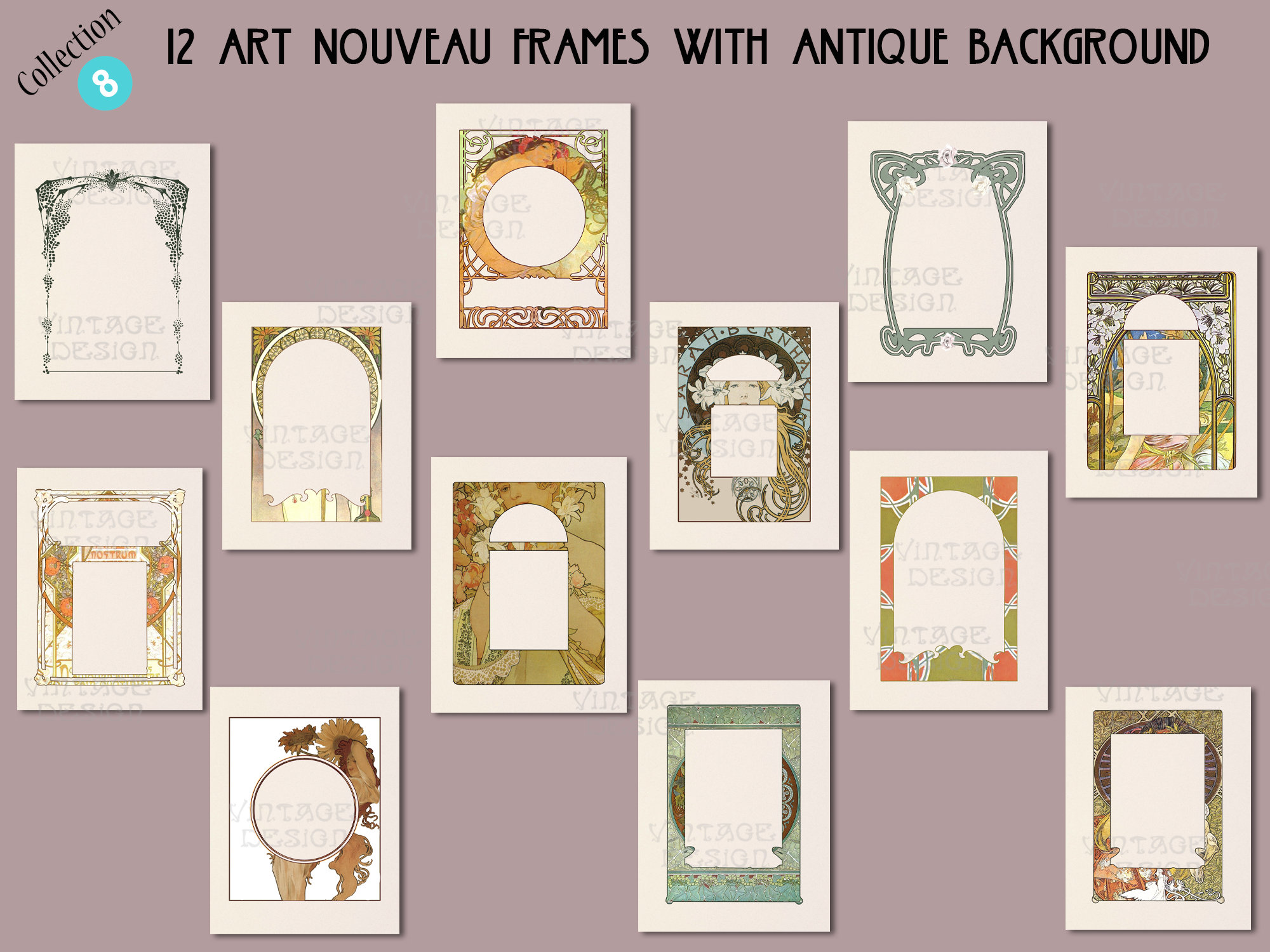 24 Art Nouveau Frames, Vintage Frames Set, Art Nouveau Printable ...