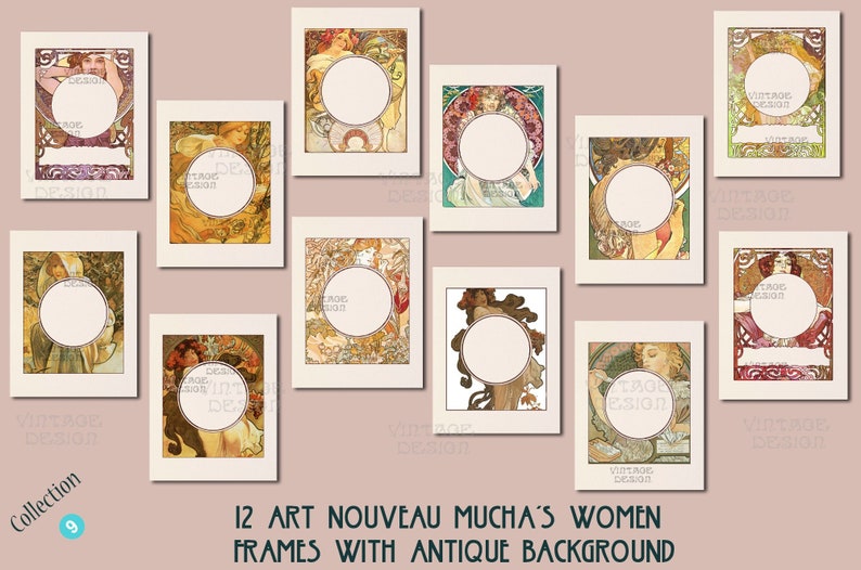 24 Art Nouveau Frames, Art Nouveau Mucha Women, Women's Frames Set ...