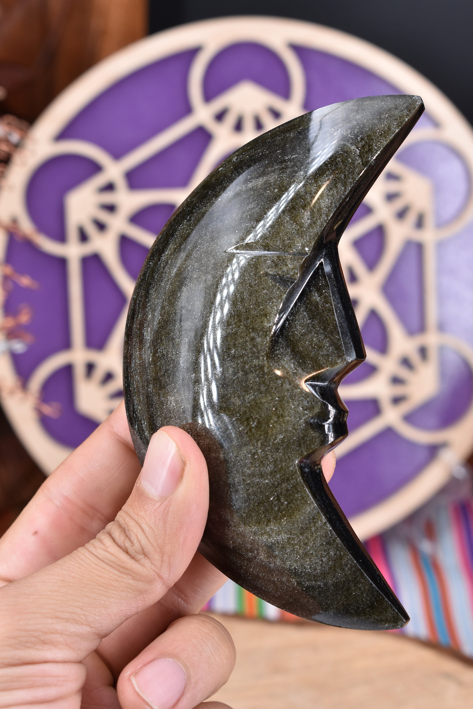 Oro Sheen Obsidian Half Moon Face Carving - Etsy España