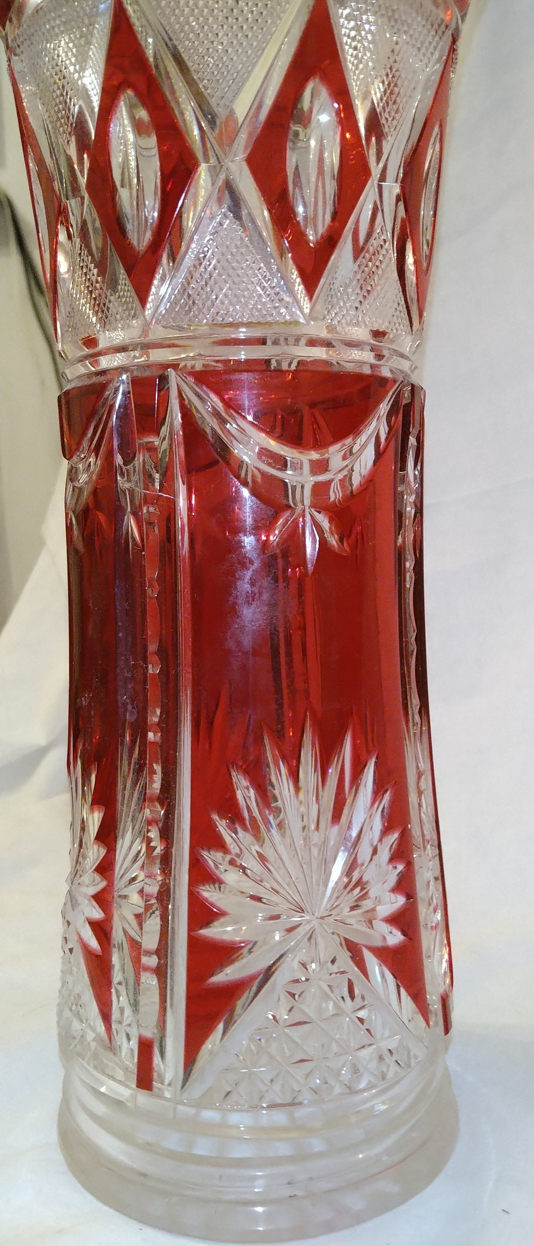 Vintage Bohemian Red Glass Vase Exquisite Pinwheel and Star Cut Design ...