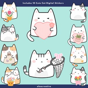 Cute Spring Cat Digital Stickers for Digital Journaling, Planning, and ...