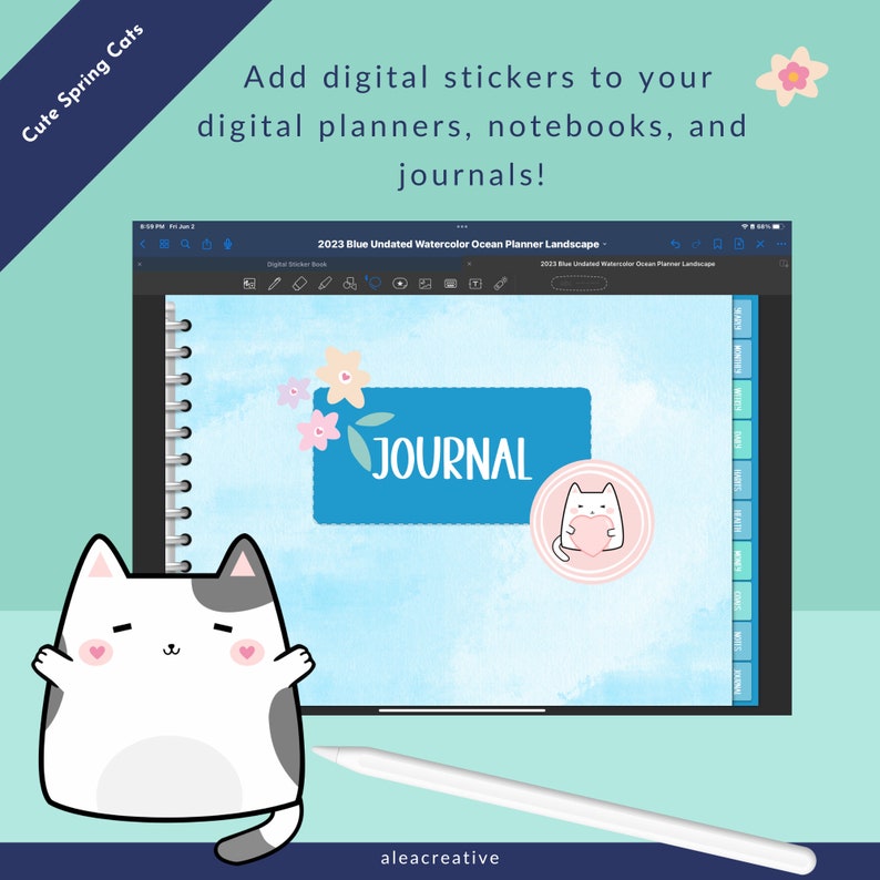 Cute Spring Cat Digital Stickers for Digital Journaling, Planning, and ...