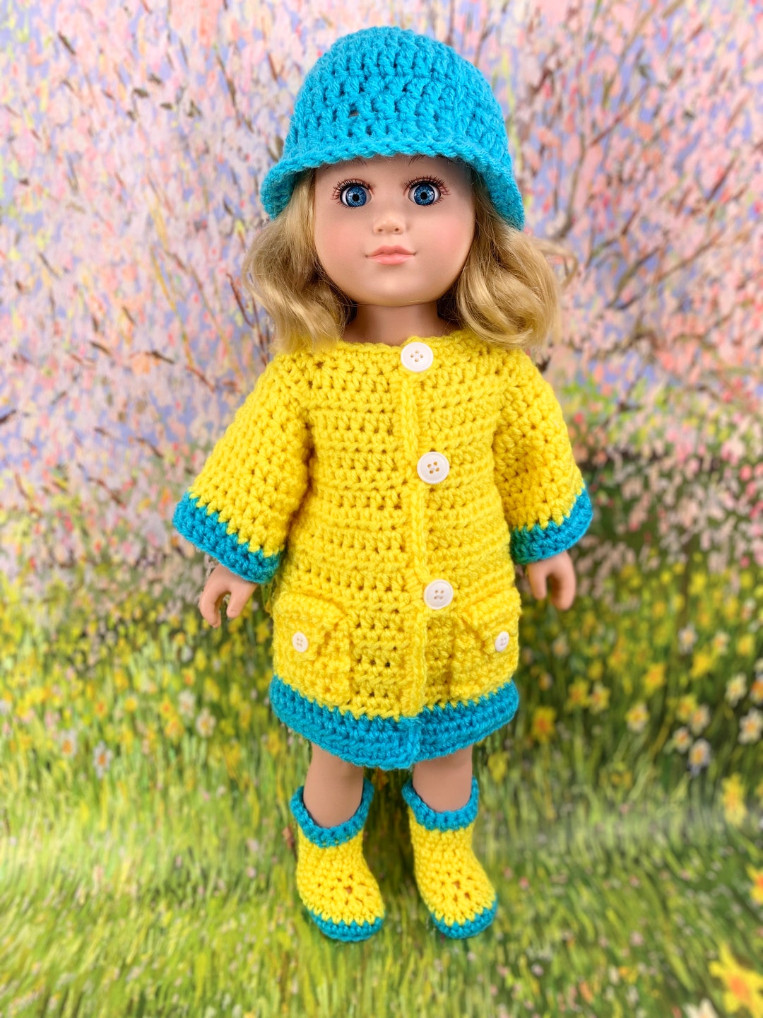 18" Doll Raincoat Crochet PDF Pattern, Doll Rain Hat Pattern, Doll Rain ...