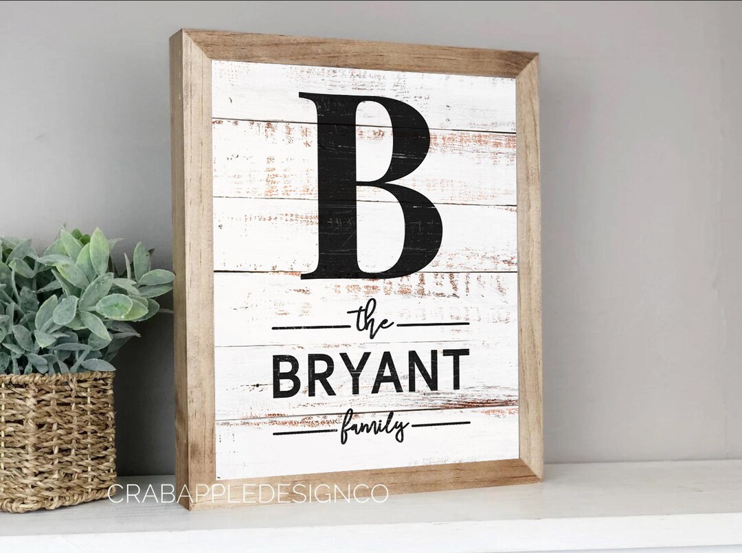 Family Initial and Last Name Framed Sign Personalized Wooden Background ...