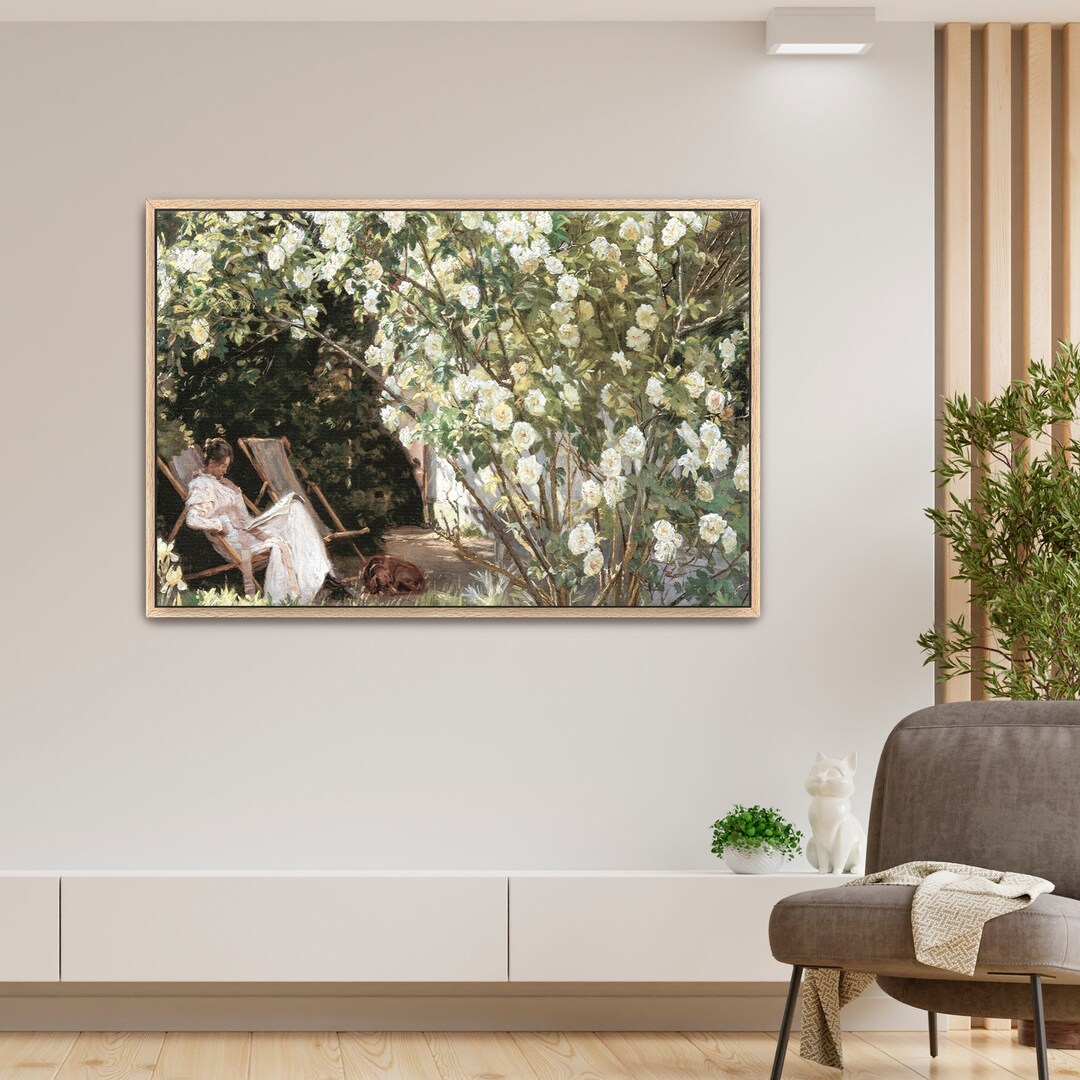 Vintage Garden Scene Wall Art Serene Lady Reading in Floral Garden ...
