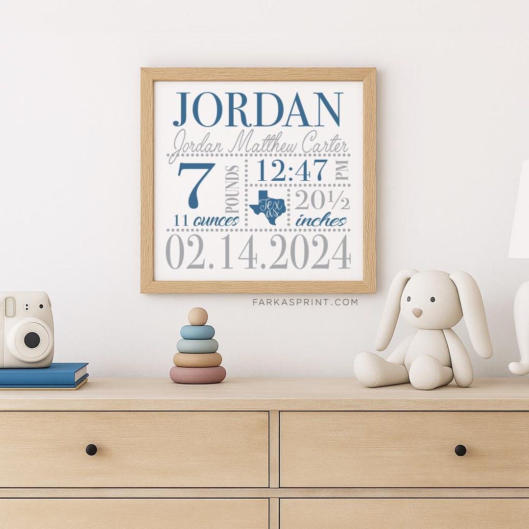 Framed Baby Birth Stats Sign: Nursery Room Wall Decor, Baby Gift for ...