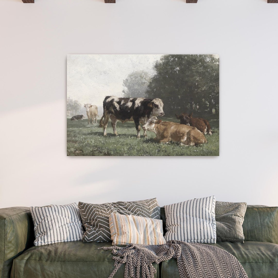 Vintage Cow Art – Rustic Landscape Farm Painting, Nature Inspired Cow ...