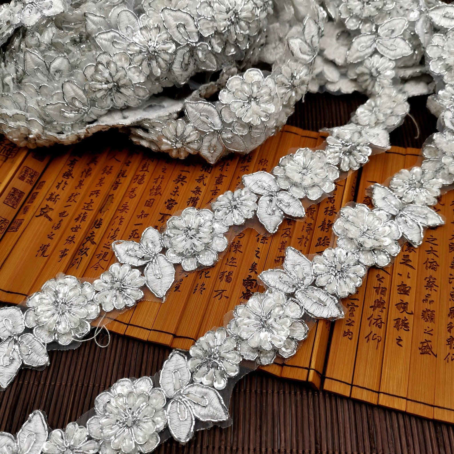 5yards Silver White 3D Flower Handmade Beads Lace Trim 4cm Width DIY ...