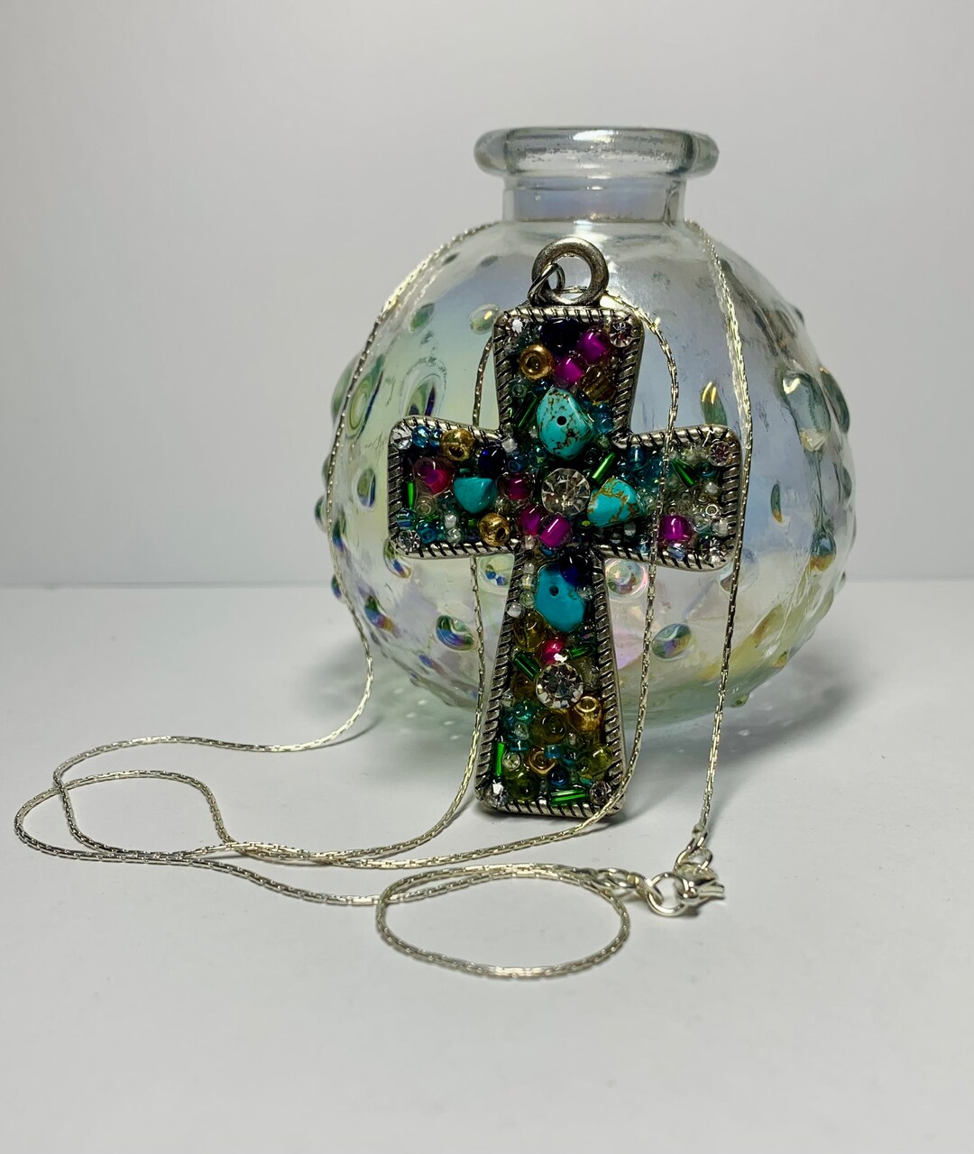 Metal Cross With Beaded Collage on Long Chain - Etsy