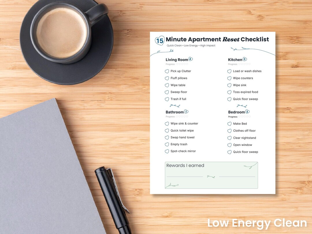 15-minute Apartment Cleaning Checklist | Low Energy Reset (PDF) - Etsy