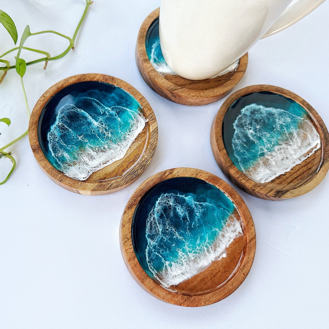 Personalized Resin & Wood Ocean Coaster Set, Wedding Gifts for Couple ...