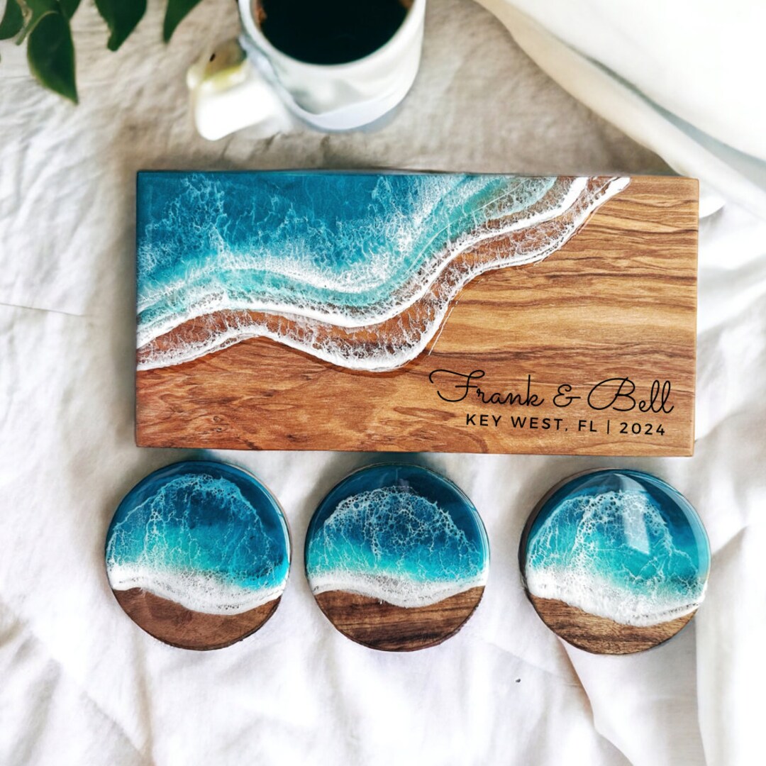 Personalized Cutting Board Coaster Set Epoxy Resin Engagement Wedding ...