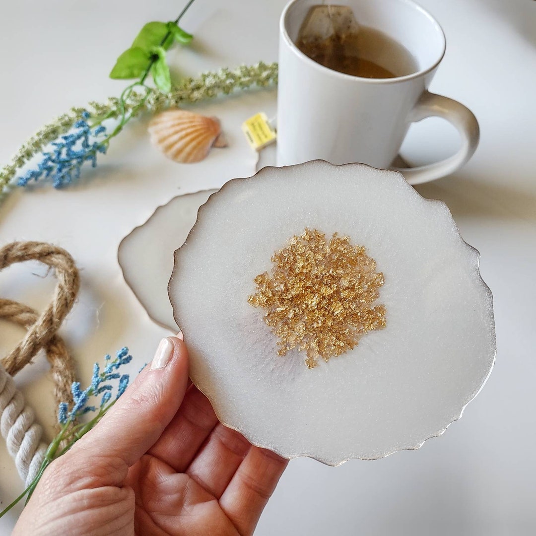 Pearlescent White Resin Coaster Set Gold Leaf Wedding - Etsy