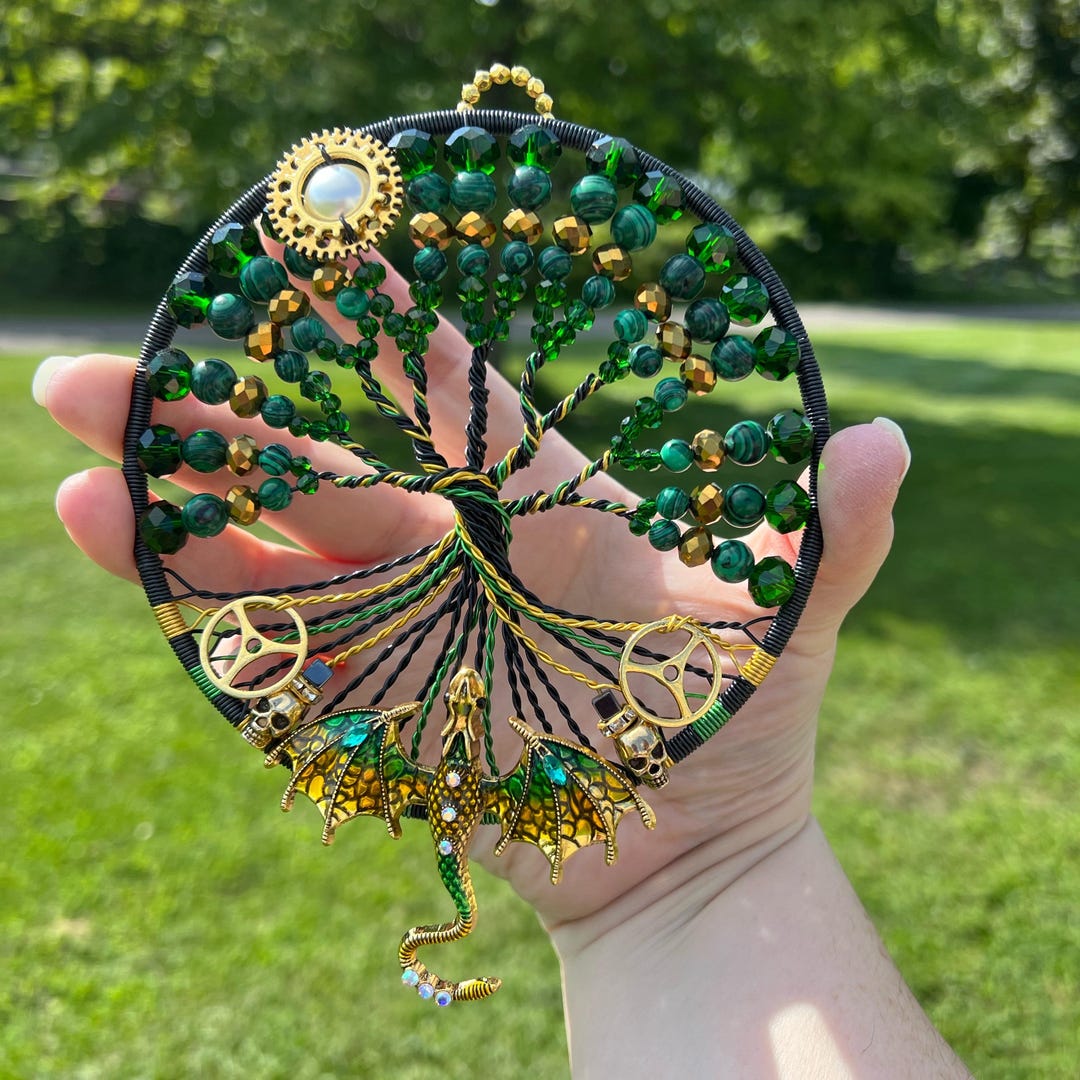 Dragon Tree of Life Wall Hanging - Green and Gold Dragon Handmade Wall ...