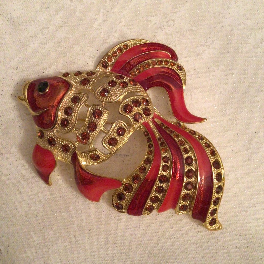 Close Out Large Red Gold Fish Rhinestone Pin, Gold Red Rhinestones Fish ...