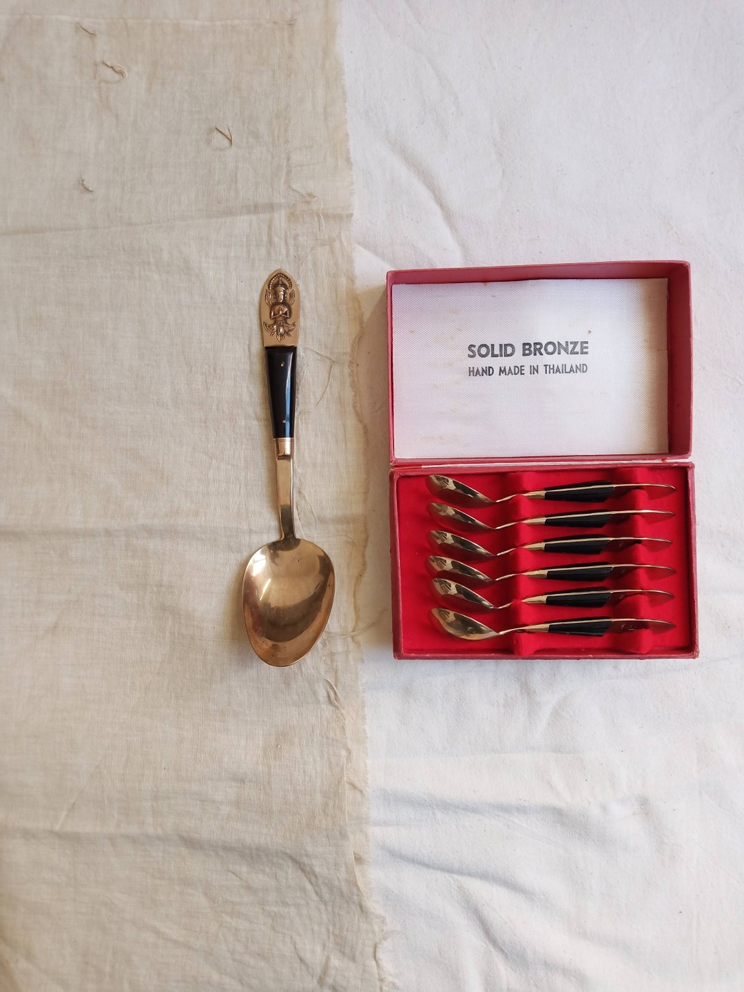 7 SIAM Bronze and Black Horn Siddhartha Small Dessert Spoon.serving Spoon.vintage Thai Buddha ...