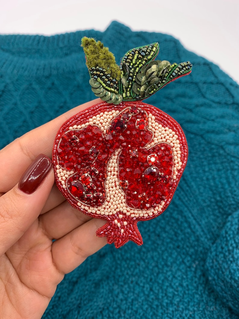 Embroidered Pomegranate Brooch: Beaded Crystal Fruit Pin - Etsy