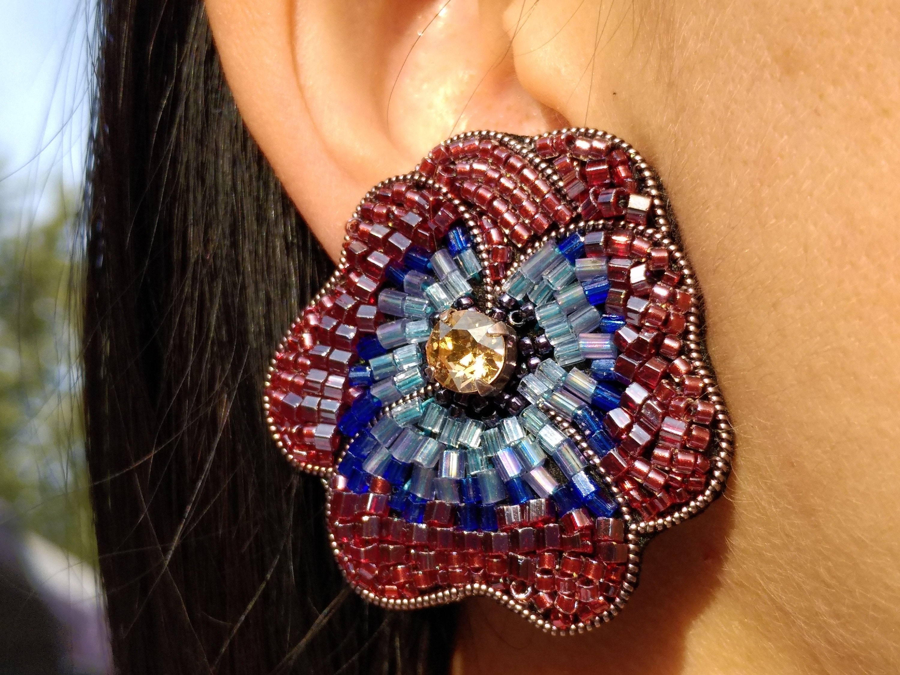 Sparkly flower statement earrings Beaded studs with crystals | Etsy