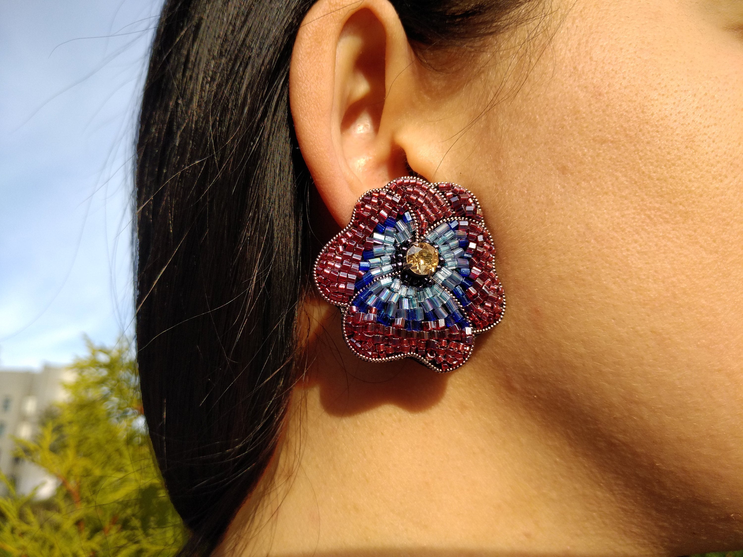 Sparkly flower statement earrings Beaded studs with crystals | Etsy