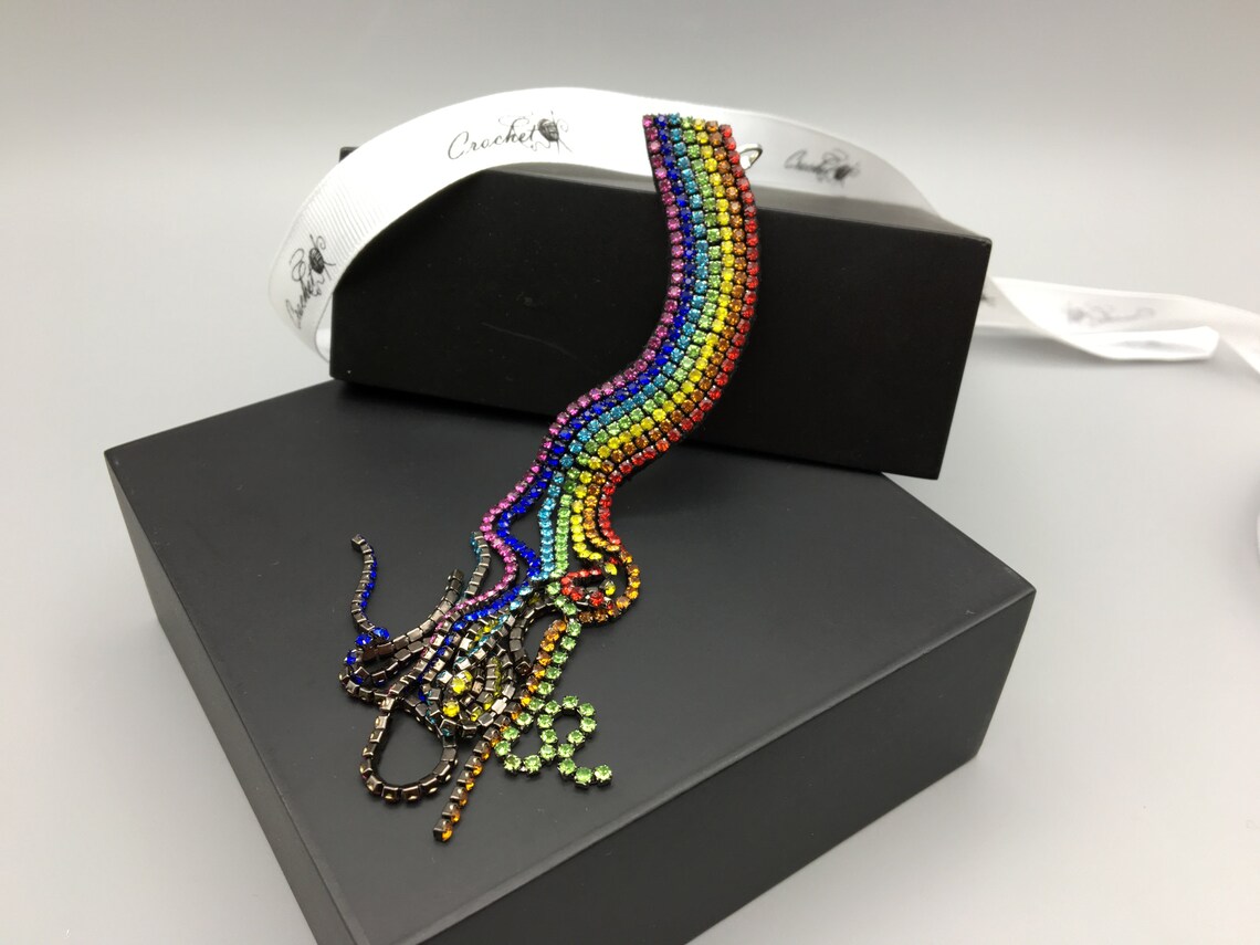 Long dangle crystal one ear earring unicorn rainbow mane | Etsy