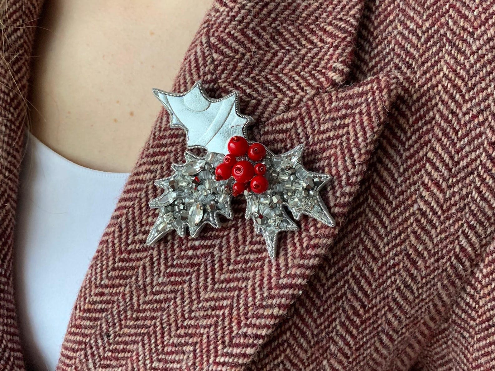 Christmas Holly Berries Brooch, Silver Beaded Xmas Leaves Pin, Glass ...