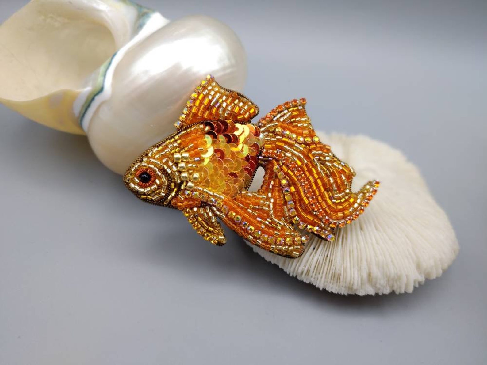 Gold Fish Brooch Beaded Goldfish Pin Sea Life Ocean Jewelry | Etsy