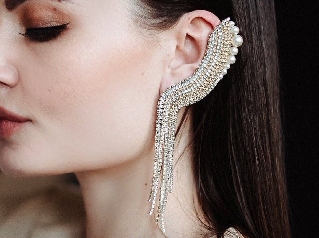 Single Ear Climber Earring With Long Cascade Dangles on the Right Ear ...