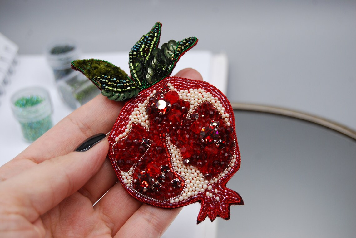 Embroidered Pomegranate Brooch: Beaded Crystal Fruit Pin - Etsy
