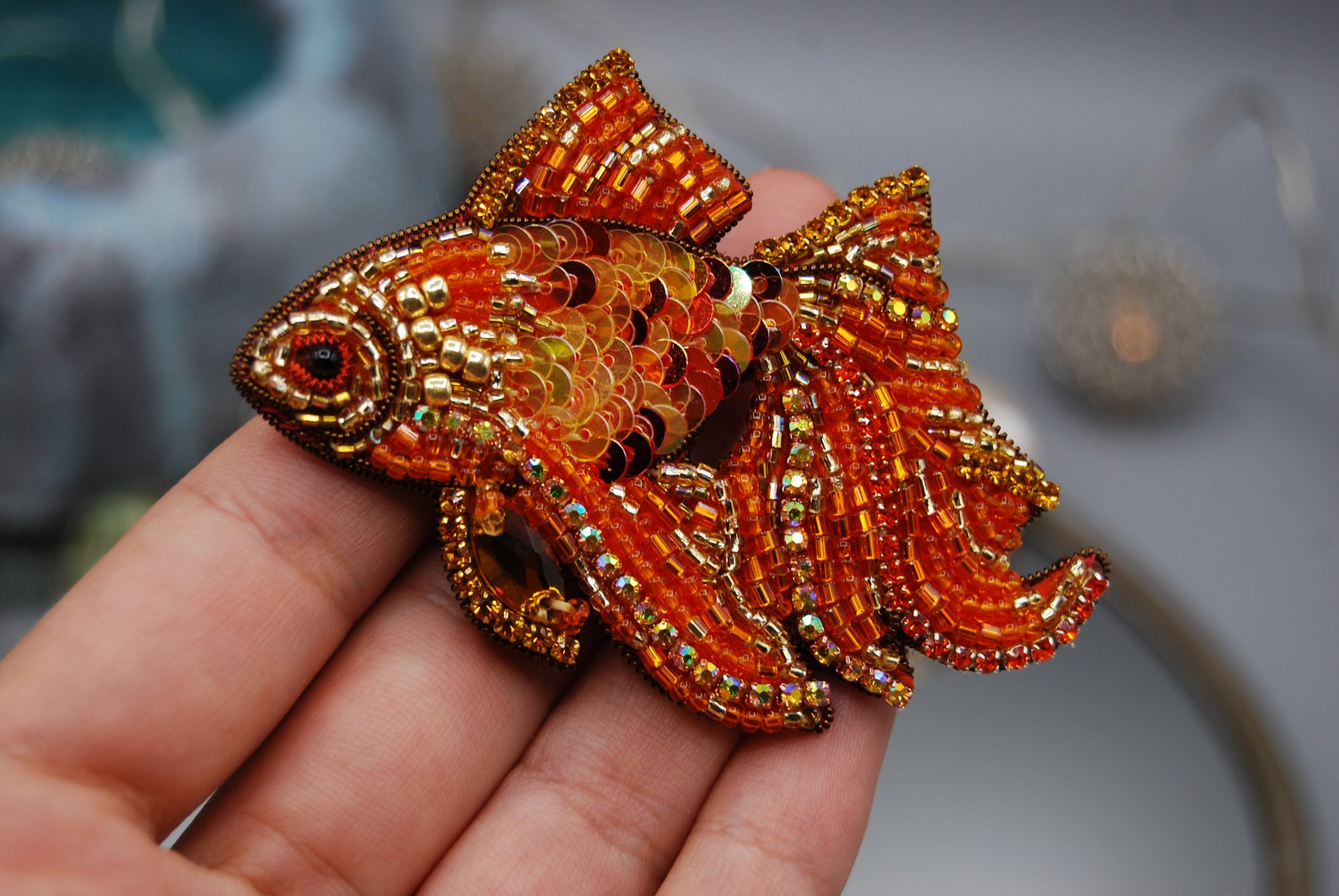 Gold Fish Brooch Beaded Goldfish Pin Sea Life Ocean Jewelry | Etsy
