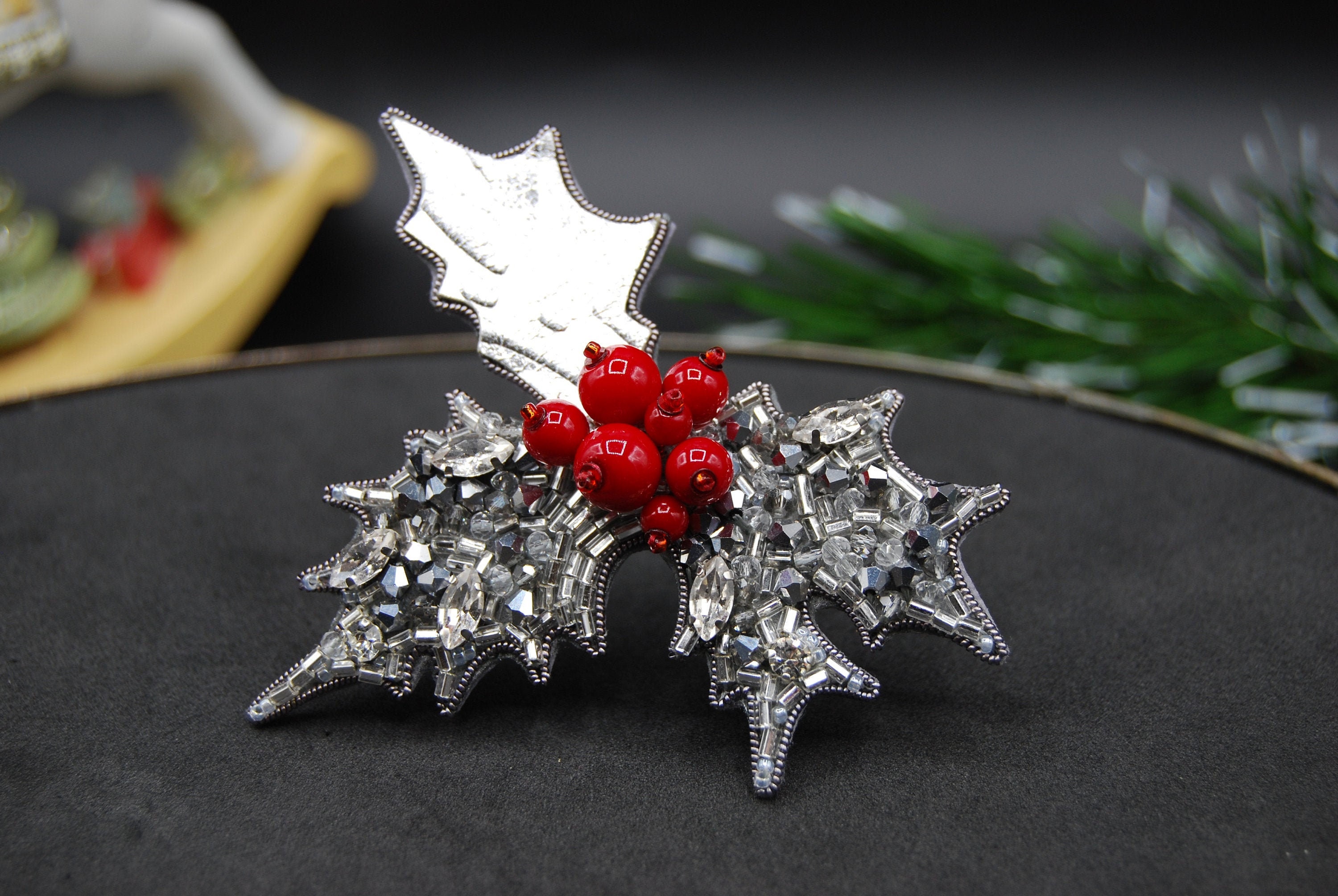 Christmas Holly Berries Brooch, Silver Beaded Xmas Leaves Pin, Glass ...