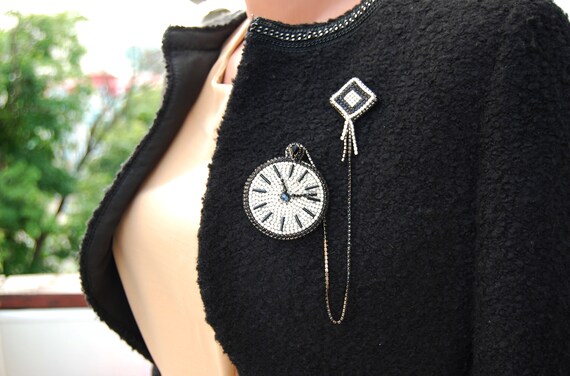 Watch beaded brooch pin Black silver crystal beads brooch | Etsy