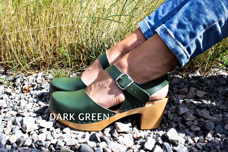 Leather Clogs Green Sandals Wooden Clogs Swedish Clogs | Etsy