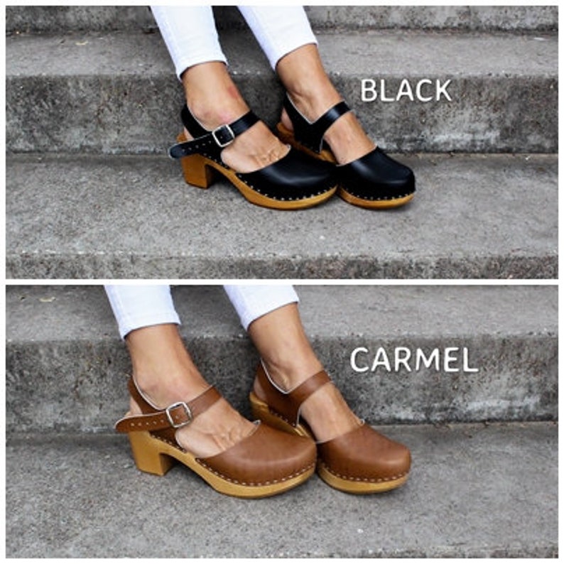 Leather Clogs Black Sandals Ankle Strap Sandals Wooden Clogs | Etsy