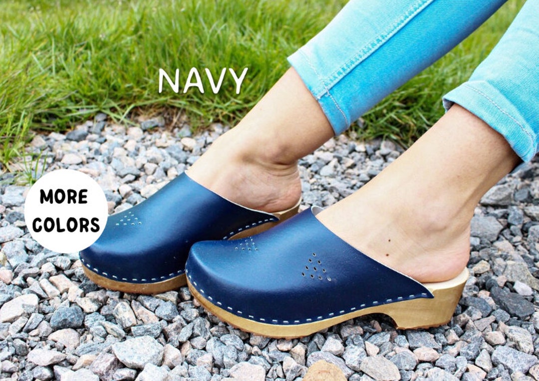 Swedish Clogs Women Leather Shoes Brown Mule With Wood Sole Low Heel ...