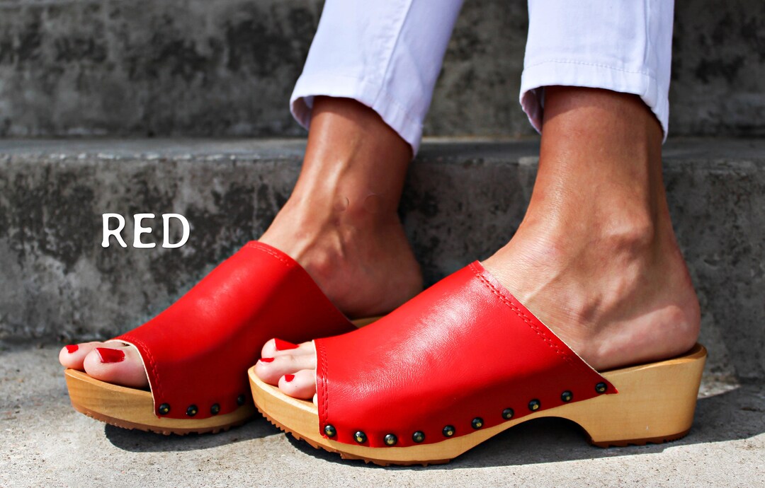 Leather Women Sandals Red Wooden Clogs Open Toe Sandals for Her Wood ...