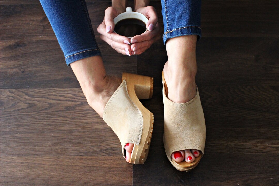 Clogs Sandals Suede Leather Wooden Sandals Women Clogs High Heel Sandal ...