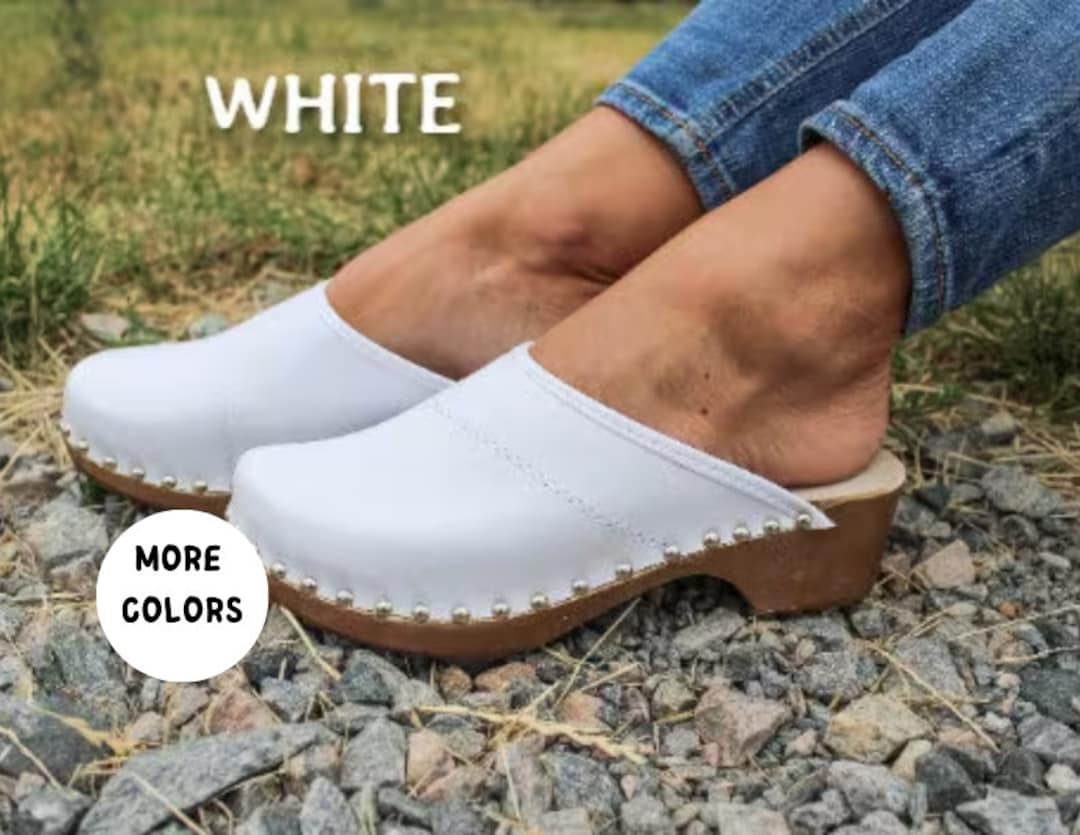 Cogs With Studs White Women Clogs Wooden Mule Leather Shoes Men Clogs ...