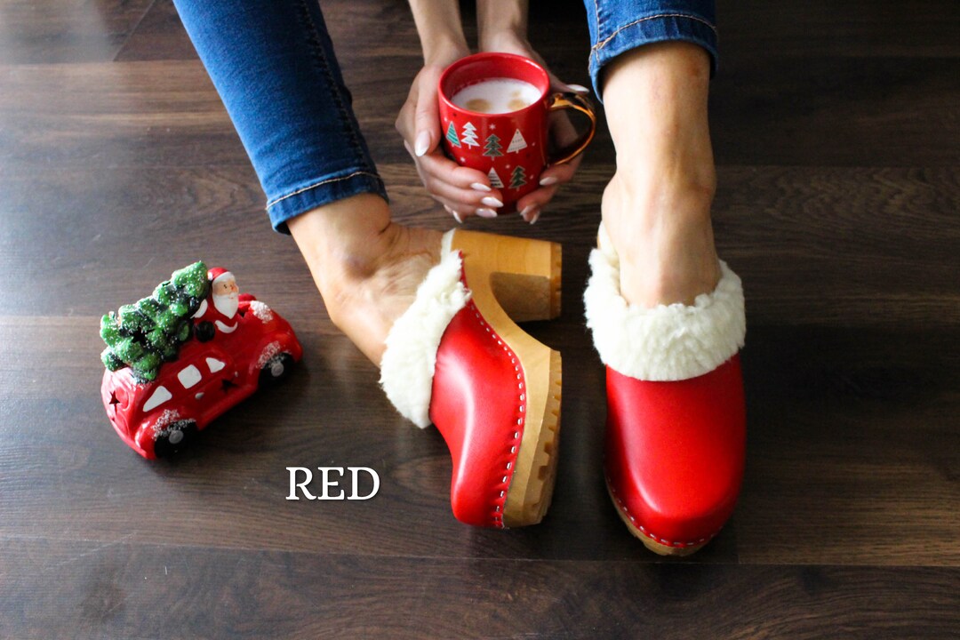 New Clogs Fur Wooden Clogs Women Clogs Leather Clogs Clog Women Red ...