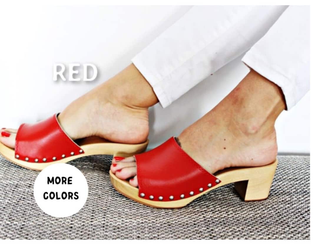 Clogs Leather Sandals With Studs Wooden Clogs High Heel Clogs Handmade ...