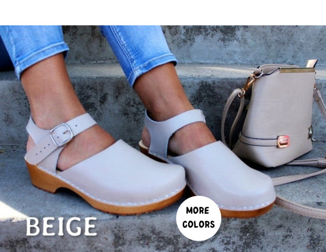 LEATHER Clog Sandals Swedish Clogs Clogs Women Wooden Clogs Beige Clogs ...